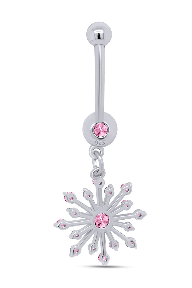 AFFY Round Shape Simulated Tourmaline Snowflake Belly Button Navel Ring in 14K White Gold Over Sterling Silver