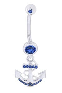 round shape simulated blue sapphire anchor dock belly navel ring in 14k white gold over sterling sliver