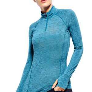 Zengjo Long Sleeve Running Shirts Women Half Zip Thumb Holes(Blue/Grey,S)