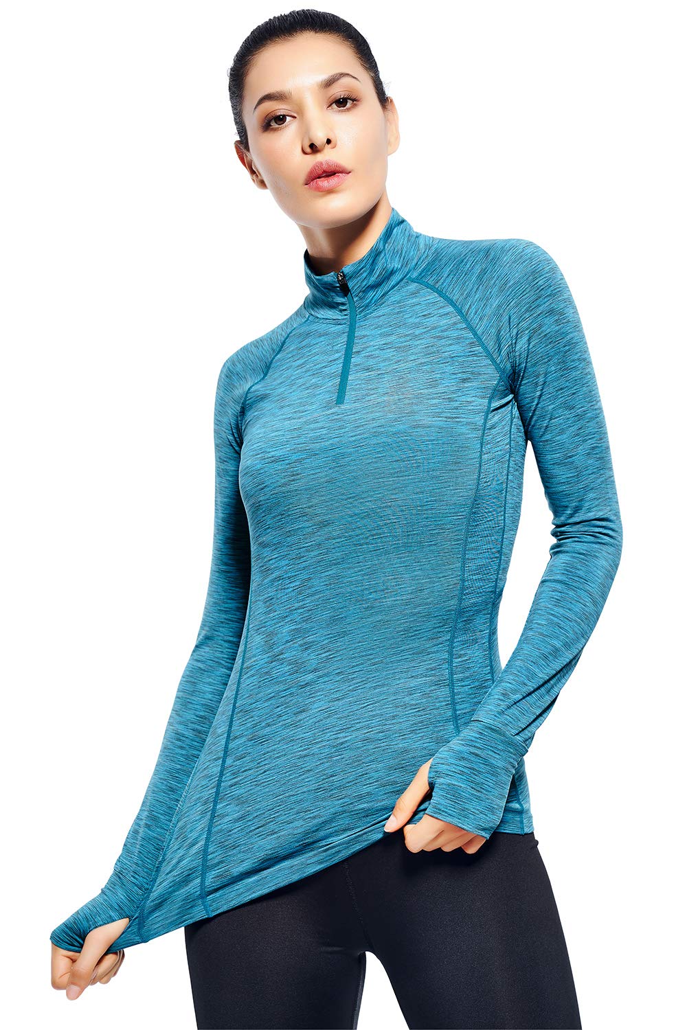 Zengjo Long Sleeve Running Shirts Women Half Zip Thumb Holes(Blue/Grey,S)