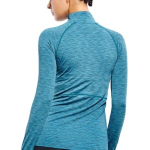 Zengjo Long Sleeve Running Shirts Women Half Zip Thumb Holes(Blue/Grey,S)