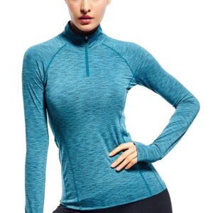 Zengjo Long Sleeve Running Shirts Women Half Zip Thumb Holes(Blue/Grey,S)