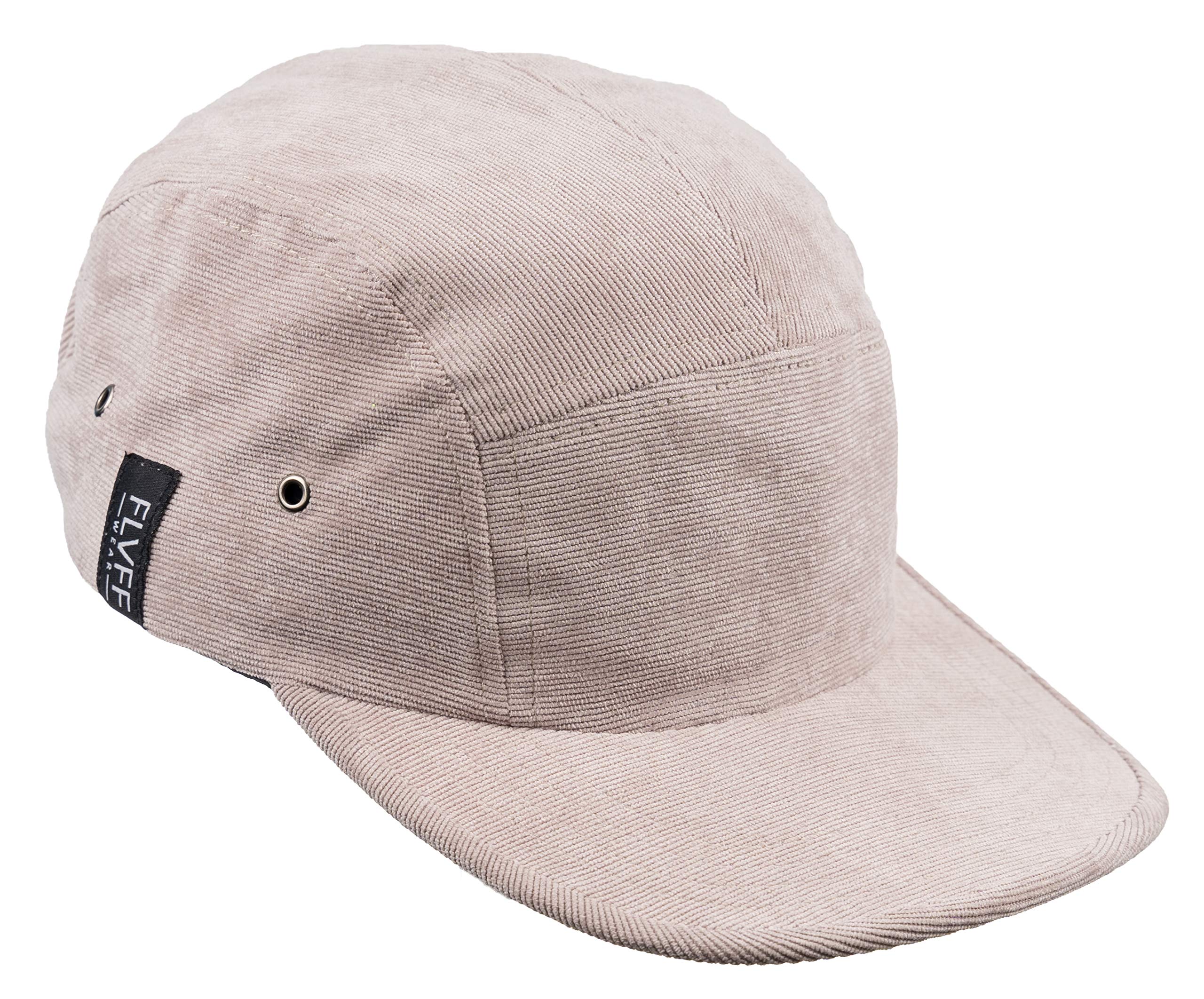 FLVFF 5 Panel Hat for Men Women Flat Brim Baseball Cap Urban Street Camper Hats (F1) (Beige Corduroy)