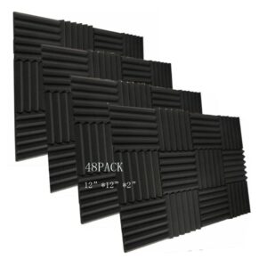 hwliyutai 48 pack black acoustic foam panels 2" x 12" x 12" soundproofing studio foam wedge tiles fireproof - top quality - ideal for home & studio sound insulation (48pack, black) …