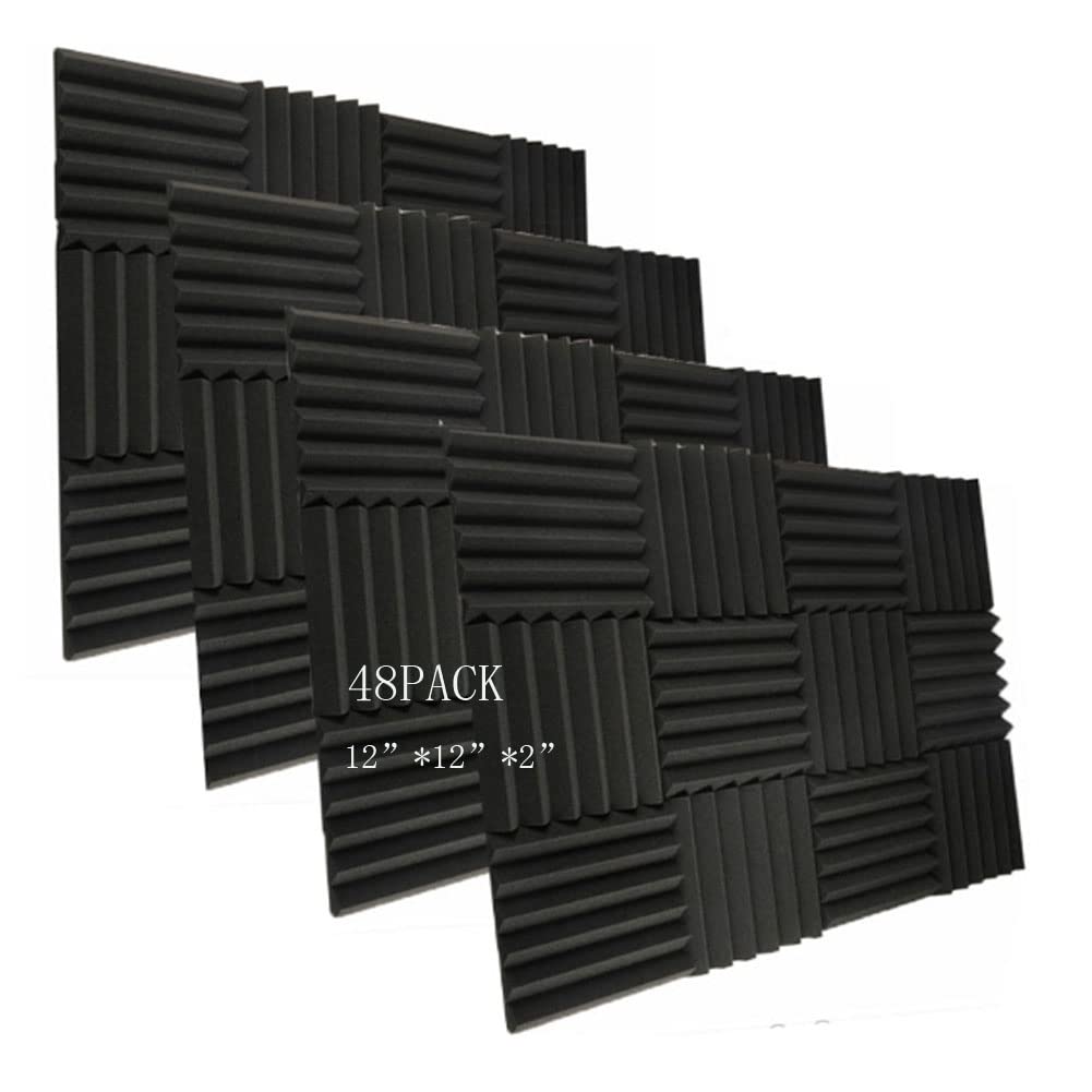 HWLIYUTAI 48 Pack Black Acoustic Foam Panels 2" X 12" X 12" Soundproofing Studio Foam Wedge Tiles Fireproof - Top Quality - Ideal for Home & Studio Sound Insulation (48Pack, BLACK) …