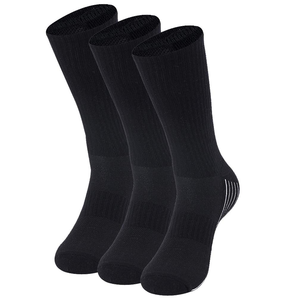 Sunew Bamboo Dress Socks, Mens Absorb Sweat Seamless Toe Casual Crew Mid Calf Cycking Cushioned Bamboo Athletic Outdoor Hiking Trekking Workout Socks Black L 3 Pack