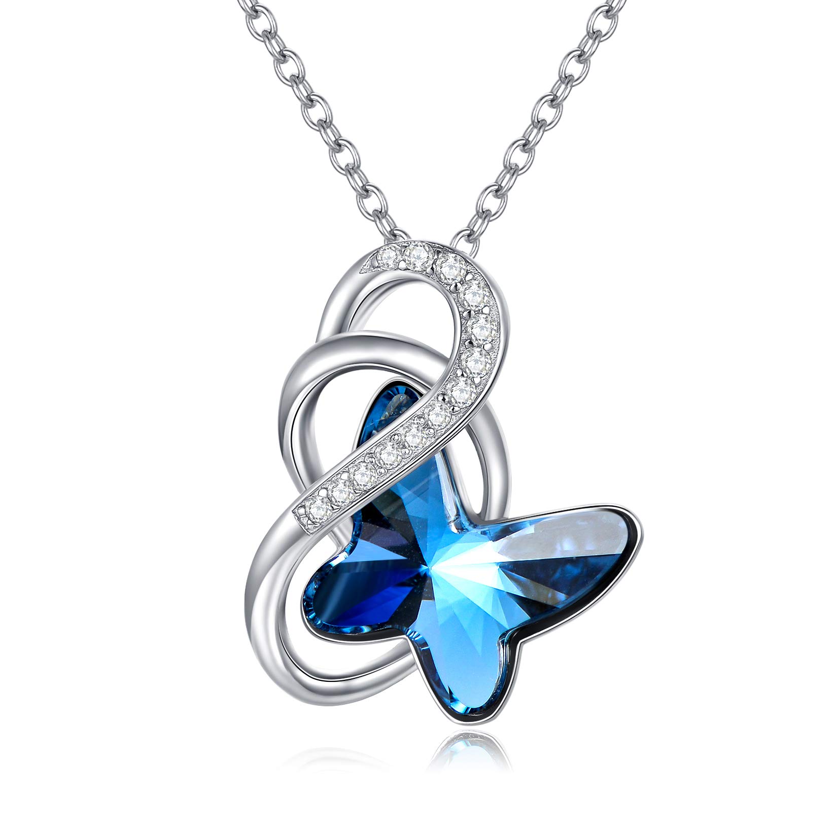 AOBOCO Sterling Silver Infinity Butterfly Necklace for Women, Butterfly Pendant Made with Crystal from Austria, Blue Butterfly Gifts for Butterfly Lovers, Birthday Anniversary Jewelry Gifts for Her