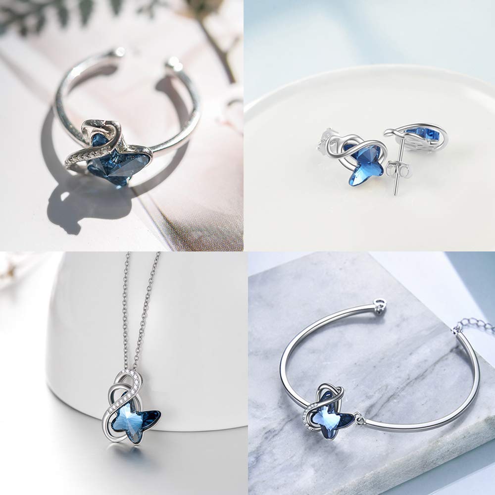 AOBOCO Sterling Silver Infinity Butterfly Necklace for Women, Butterfly Pendant Made with Crystal from Austria, Blue Butterfly Gifts for Butterfly Lovers, Birthday Anniversary Jewelry Gifts for Her