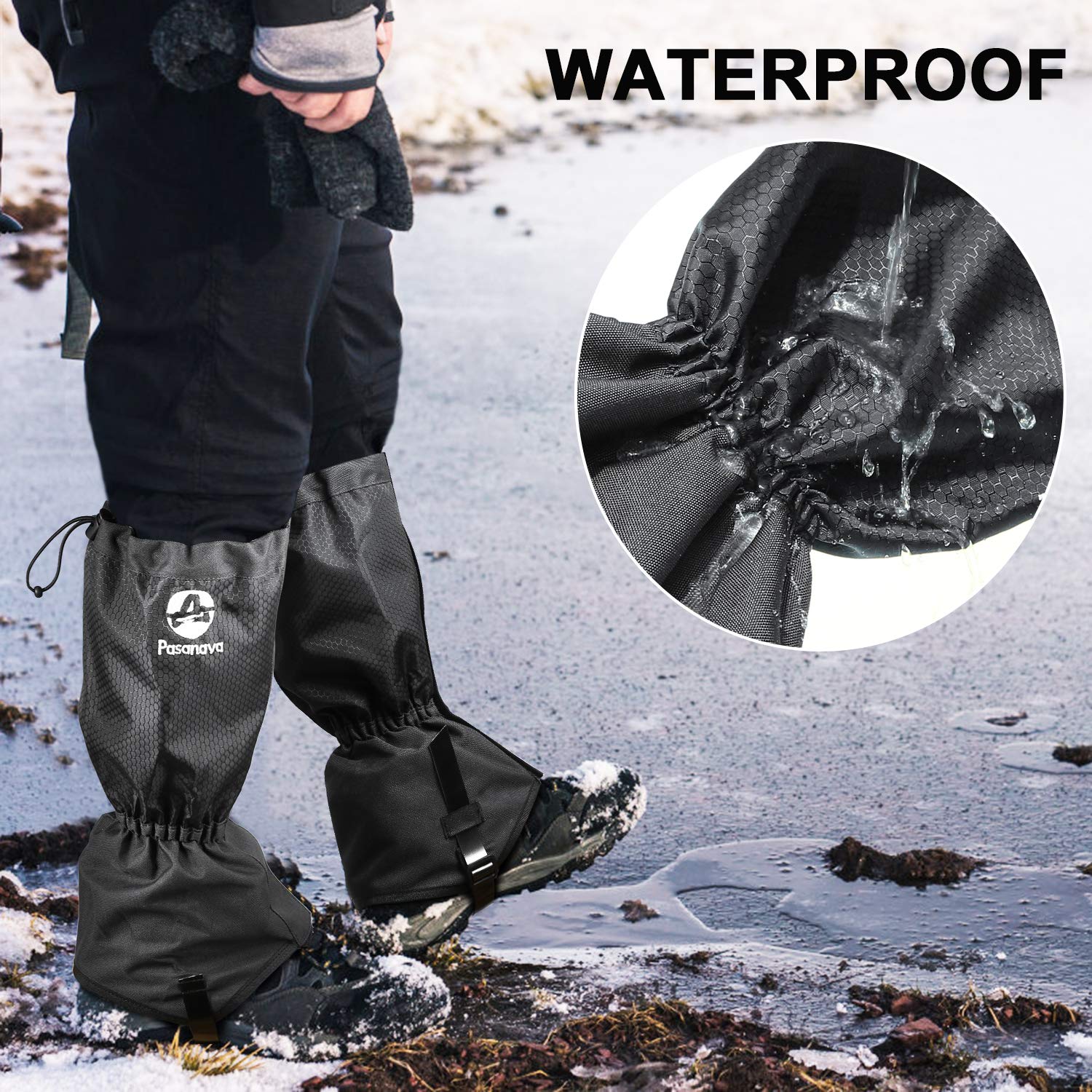 Pasanava Leg Gaiters Waterproof and Adjustable Snow Boot Gaiters One Size for Hiking,Walking,Hunting,Backpacking and Outdoor Climbing for Men and Women (Black)