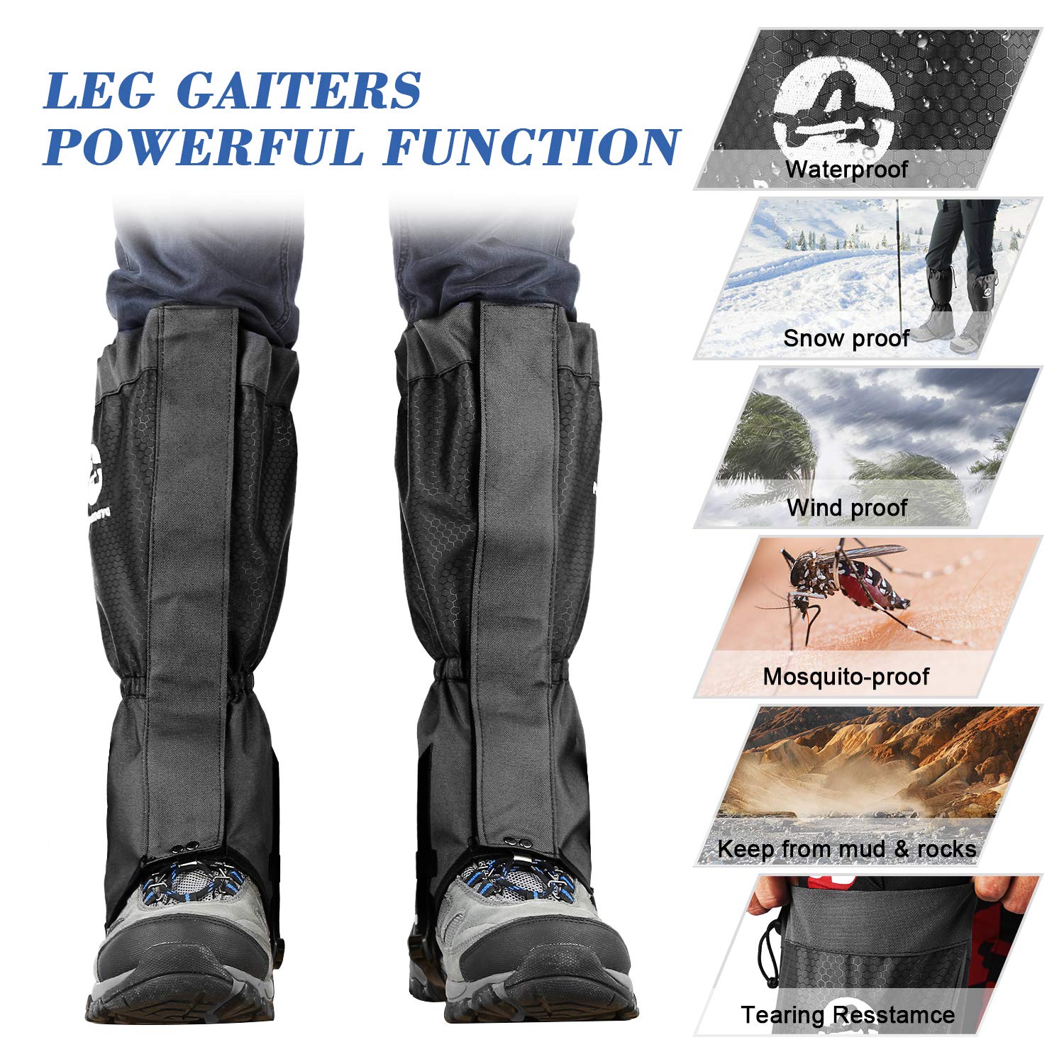 Pasanava Leg Gaiters Waterproof and Adjustable Snow Boot Gaiters One Size for Hiking,Walking,Hunting,Backpacking and Outdoor Climbing for Men and Women (Black)