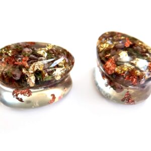 ETERNIADA Teardrop Heather Plugs Tunnels Wedding gauges Floral Resin Drop gauges Lilac Flower and Gold Flakes Plugs for Women Ear Plugs (22mm / 7/8" / Pair)