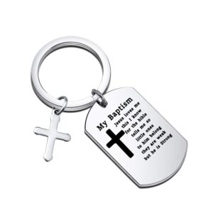 feelmem christian baptism gift jesus loves me my baptism dog tag keychain teen adult woman religious baptized jewelry confirmation gift for girl (silver)