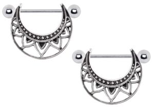 pierced owl tribal crescent moon half circle nipple rings, sold as a pair