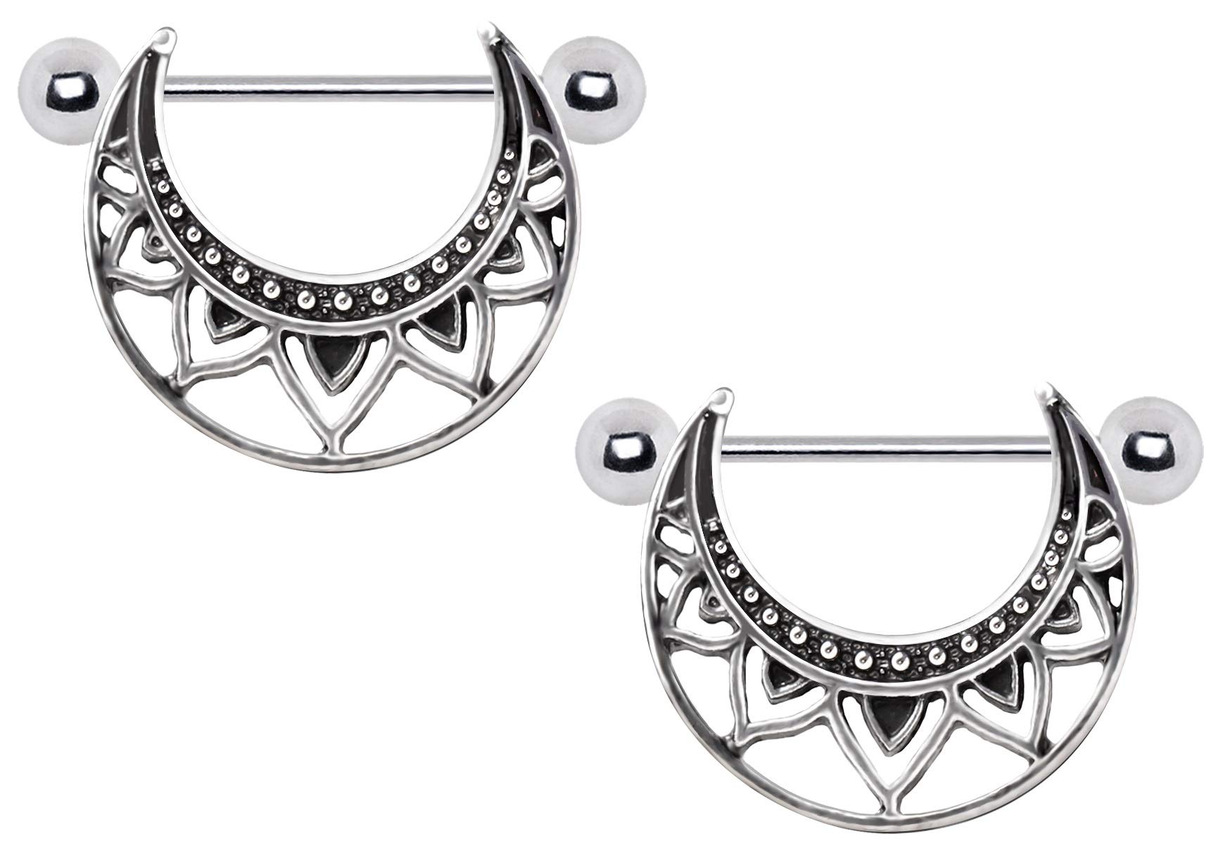 Pierced Owl Tribal Crescent Moon Half Circle Nipple Rings, Sold as a Pair