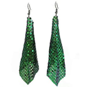 rectangle dangle lightweight mesh tassel sequin long drop earrings (green)