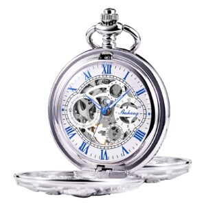 treeweto mens mechanical pocket watch antique dream dragon skeleton silver tone double open case with china & box gift for man woman