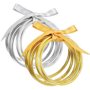 alphatool glitter jelly bangles bracelets for women - soft silicone glitter filled bracelet, bowknot sparkling fashion bangles for ladies, girls lightweight cute (10 pack, gold & sliver)