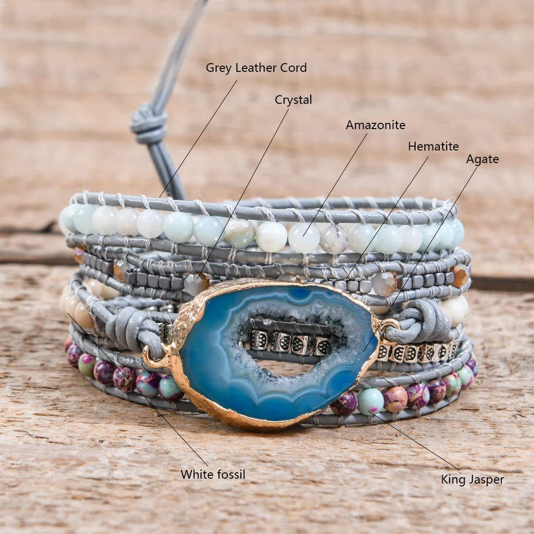 YGLINE Wrap Natural Stones Leather Wrap Around Stone Bracelet 5 Layer Natural Agate Beaded Leather Bohemian Tribal Bracelet