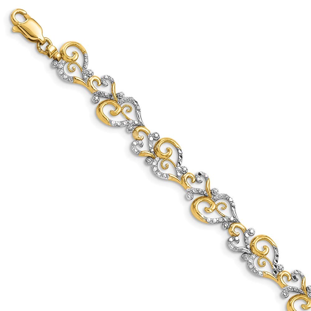 14K Yellow Gold With Rhodium & Diamond Cut Fancy Heart Link Bracelet