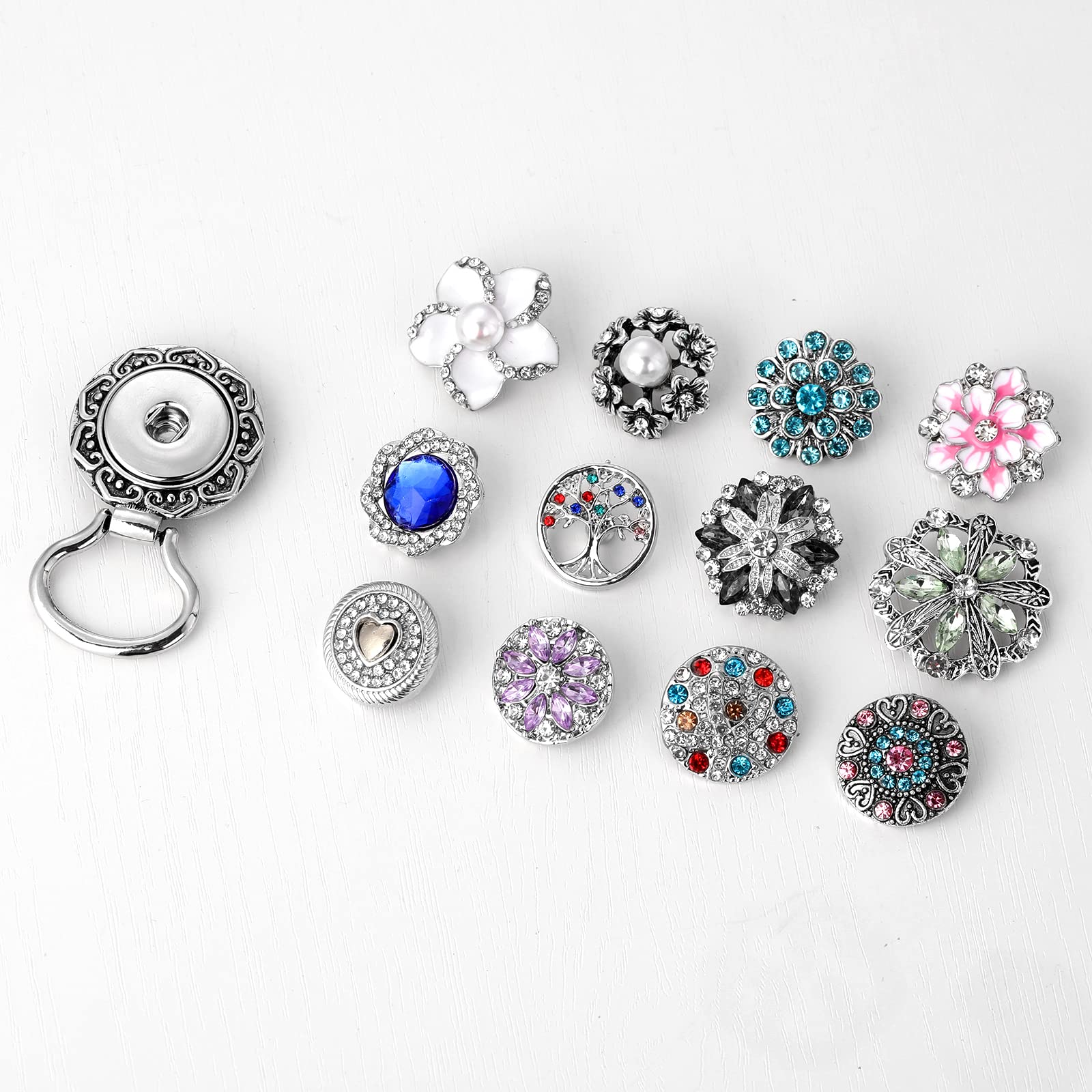 MJartoria Interchangeable Snap Buttons Centerpiece Rhinestone Eye Glass Holding Brooch (12pcs Blue-Rhinestone)