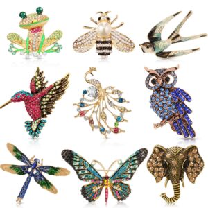 hicarer 9 pcs animal brooch pins brooches for women vintage rhinestone crystal pin hummingbird butterfly owl elephant dragonfly peacock retro pin jewelry for cna nurse graduation gifts