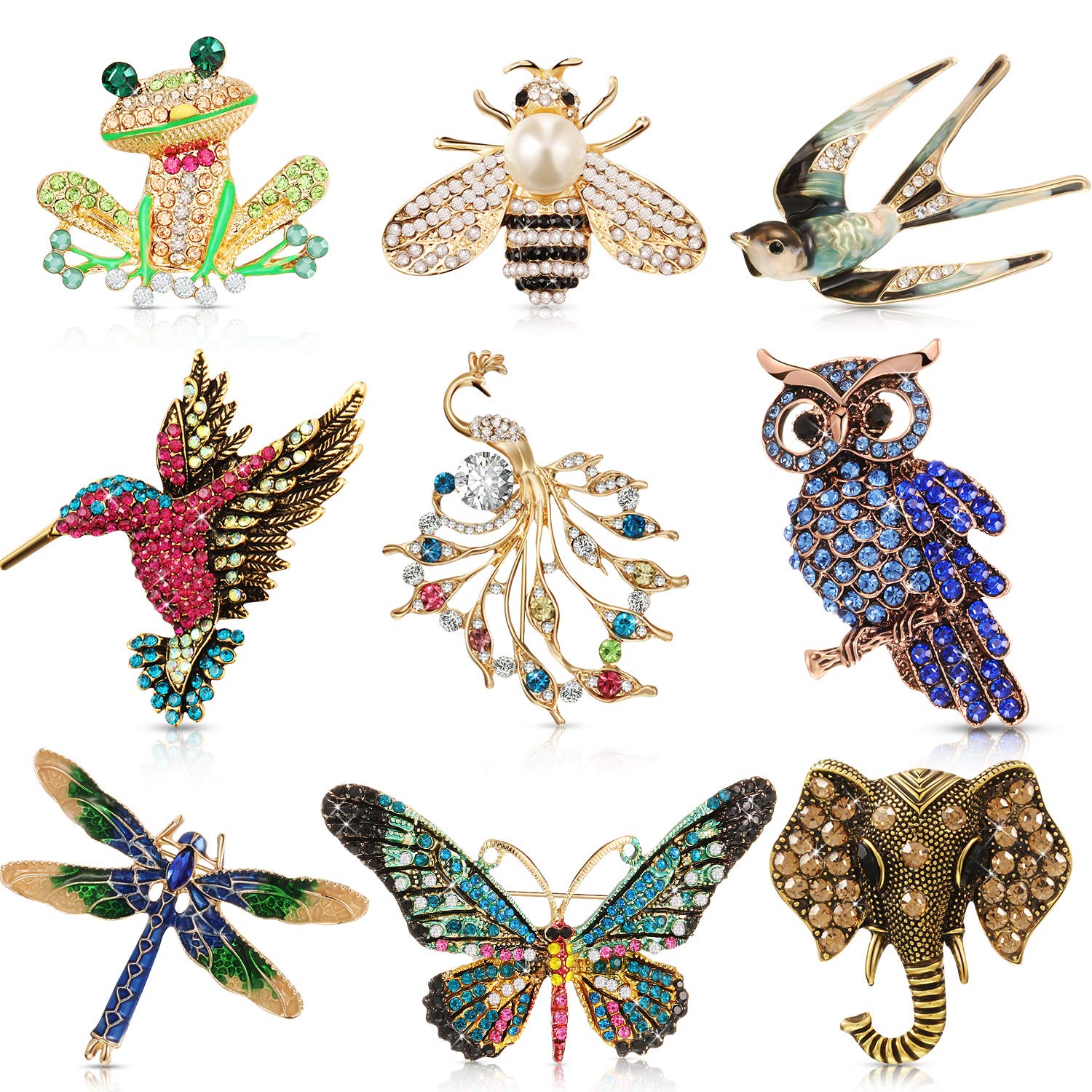 Hicarer 9 Pcs Animal Brooch Pins Brooches for Women Vintage Rhinestone Crystal Pin Hummingbird Butterfly Owl Elephant Dragonfly Peacock Retro Pin Jewelry for CNA Nurse Graduation Gifts