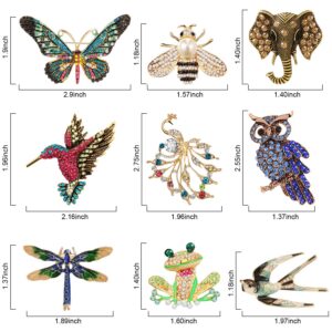 Hicarer 9 Pcs Animal Brooch Pins Brooches for Women Vintage Rhinestone Crystal Pin Hummingbird Butterfly Owl Elephant Dragonfly Peacock Retro Pin Jewelry for CNA Nurse Graduation Gifts