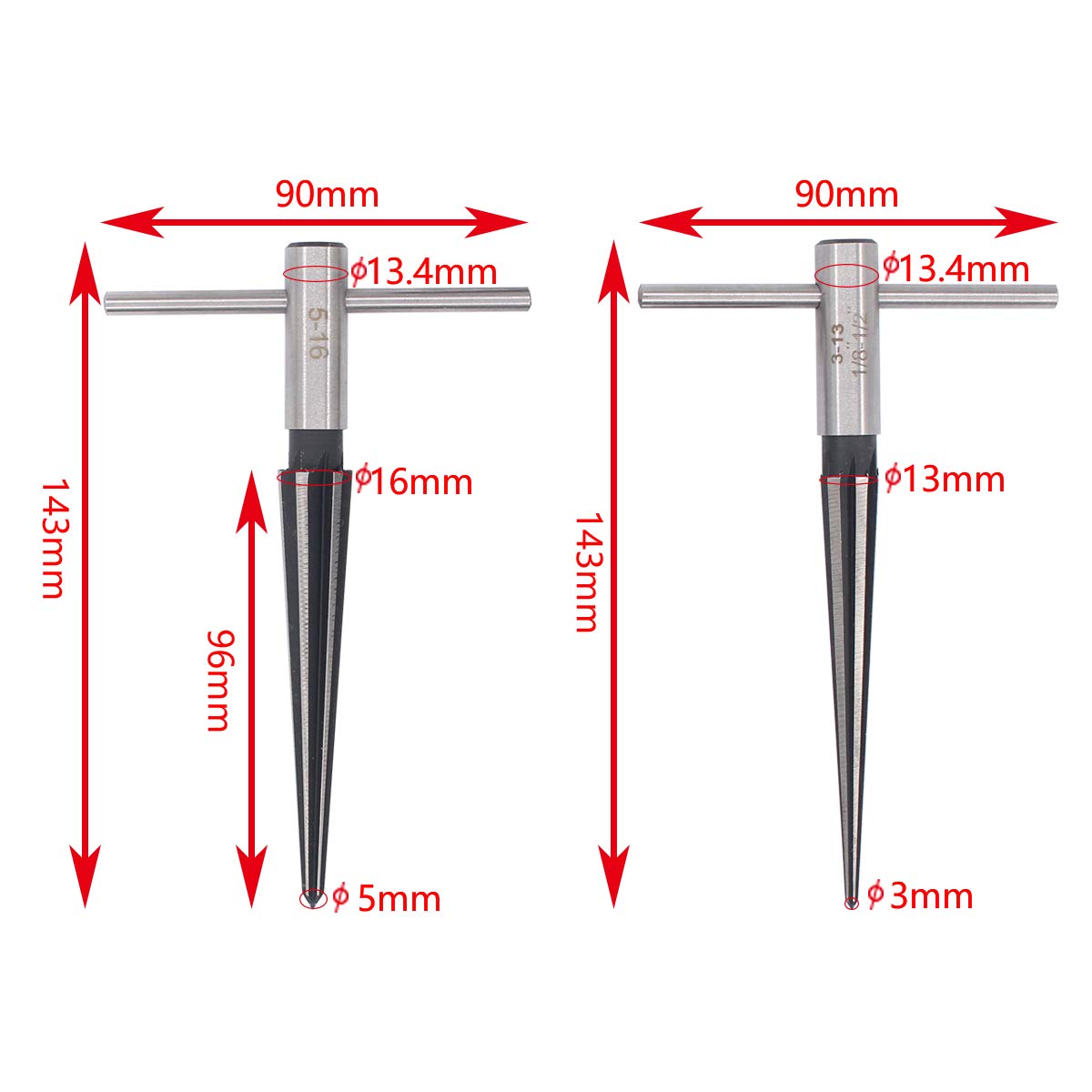 ApplianPar T Shape Handle Taper Reamer 3-13mm and 5-16mm Bridge Pin Hole Hand Held Tapered Reamers 6 Fluted Chamfer Chaser Reaming Tool for Woodworker Guitar Luthier Cutting Pack of 2