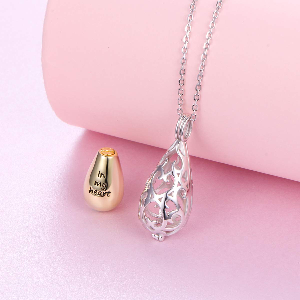 S925 Sterling Silver Always in My Heart Teardrop Memorial Pendant Necklace with Hollow Urn Keepsake Cremation Jewelry for Ashes