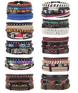 orazio 35 pcs mens braided leather bracelets set for women cool boho ethnic tribal wooden bead cuff wrap bracelet handmade wrist adjustable