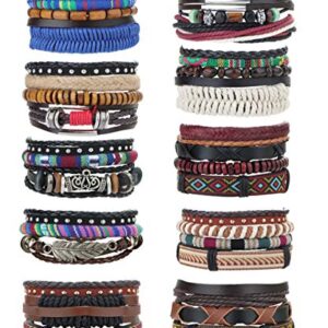 ORAZIO 35 Pcs Mens Braided Leather Bracelets Set for Women Cool Boho Ethnic Tribal Wooden Bead Cuff Wrap Bracelet Handmade Wrist Adjustable