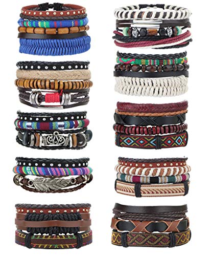 ORAZIO 35 Pcs Mens Braided Leather Bracelets Set for Women Cool Boho Ethnic Tribal Wooden Bead Cuff Wrap Bracelet Handmade Wrist Adjustable