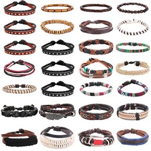 ORAZIO 35 Pcs Mens Braided Leather Bracelets Set for Women Cool Boho Ethnic Tribal Wooden Bead Cuff Wrap Bracelet Handmade Wrist Adjustable