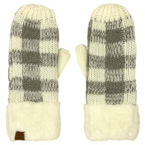 c.c cc super thick fuzzy fleeced lined warm winter knitted mittens gloves buffalo plaid white/lt. melange gray