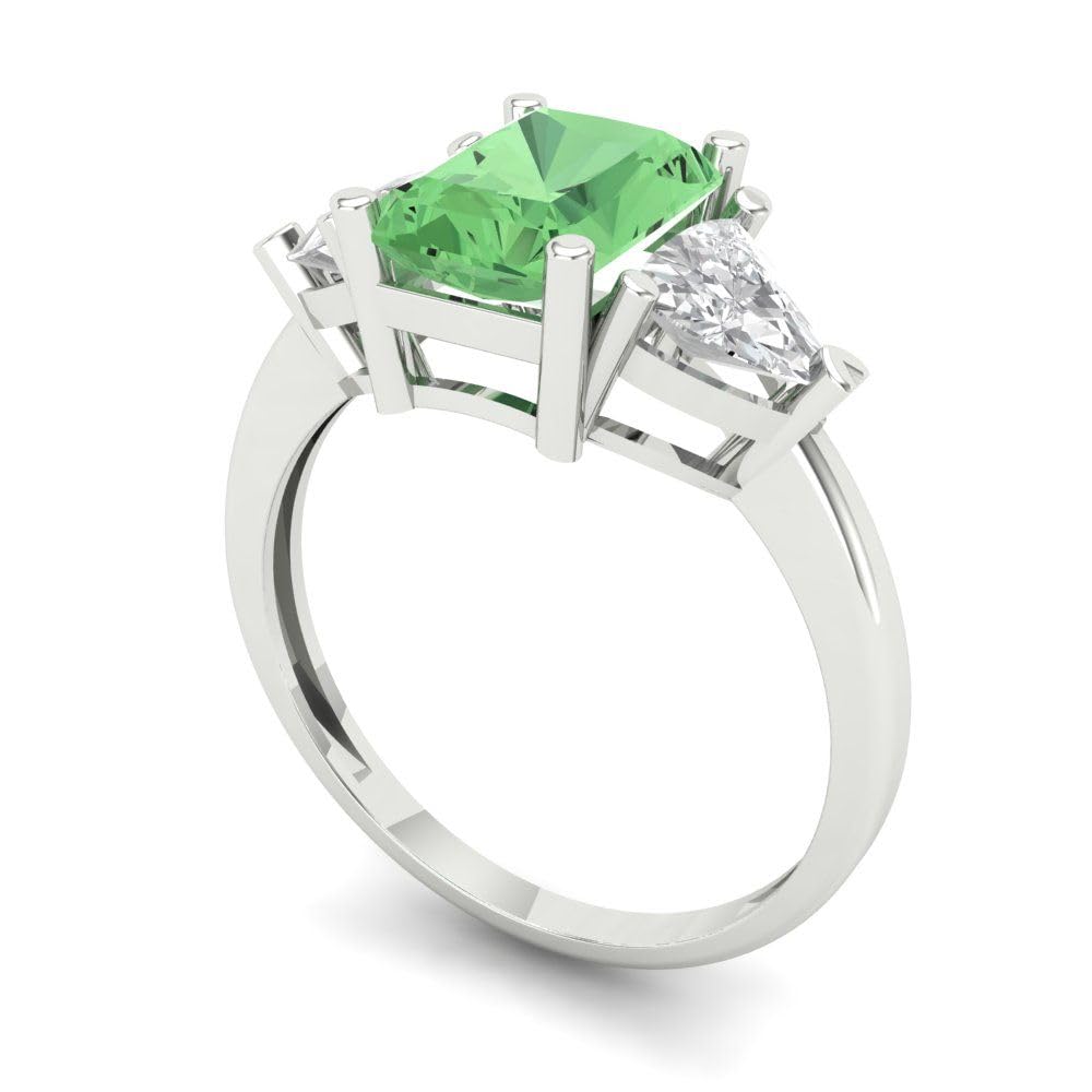 3.0 ct Emerald cut 3 stone Solitaire Green Simulated Diamond Designer Anniversary Bridal Engagement Ring 14k White Gold 6