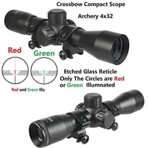 TWP 4x32 Compact Hunting Crossbow Archery Scope, Etched Glass Reticle Circles and Rangefinder, Only Circles Red or Green Illuminated, 1" Tube and Mid-Height Weaver Ring Mount