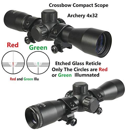 TWP 4x32 Compact Hunting Crossbow Archery Scope, Etched Glass Reticle Circles and Rangefinder, Only Circles Red or Green Illuminated, 1" Tube and Mid-Height Weaver Ring Mount