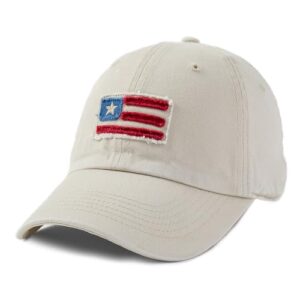 life is good. tattered chill cap american flag, bone white