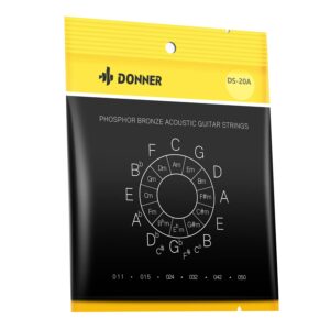 donner acoustic guitar strings - light acoustic steel strings phosphor bronze coated, 6 string 1-pack, 11-50, warm, bright, balanced acoustic tone, anti-oxidation coating, das-20l