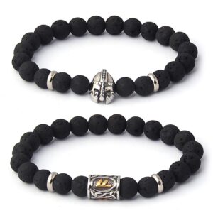 bavipower set rune bead bracelet and viking warrior helmet lava rock volcanic stone bead elastic adjustable bracelet bangle (black)