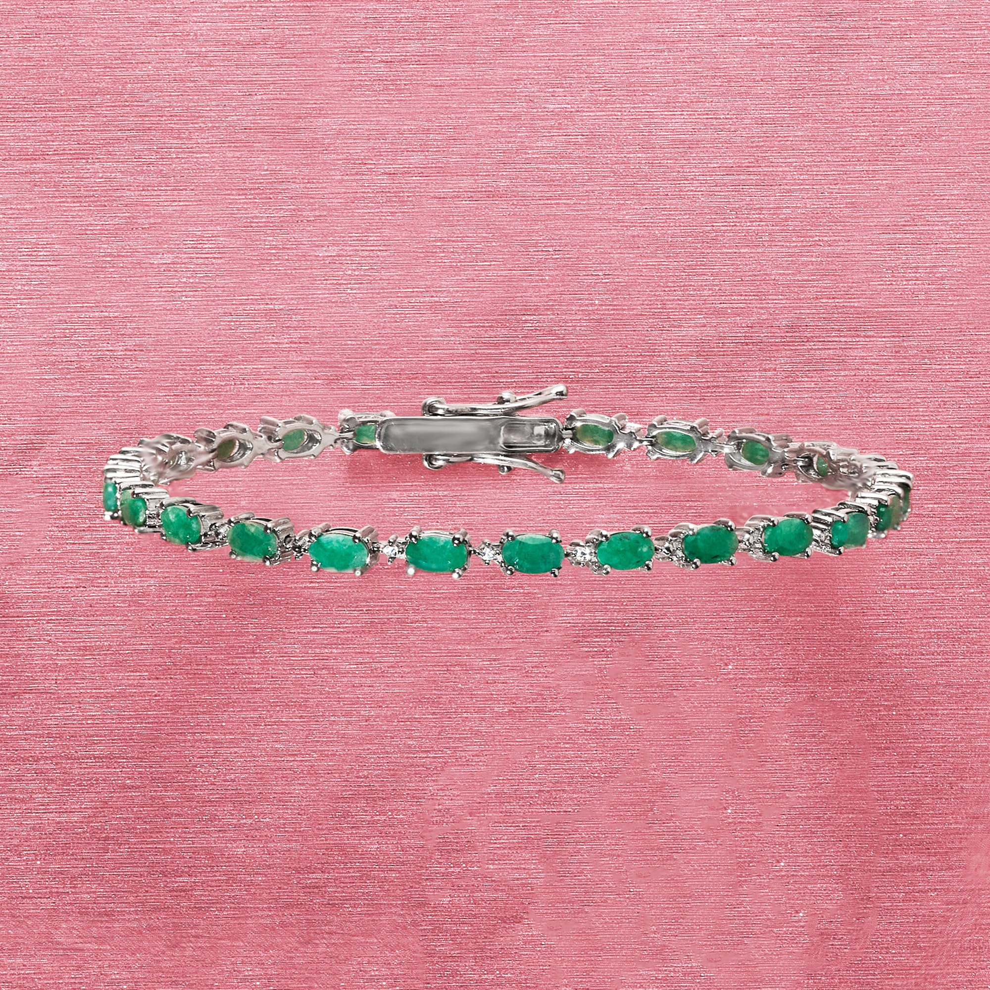 Ross-Simons 7.20 ct. t.w. Emerald Bracelet With Diamond Accents in Sterling Silver. 7.25 inches