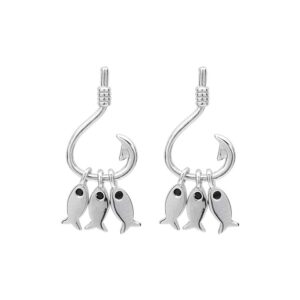 sterling silver fish hook earrings for women girls 925 dangle stud tiny cute 3 fishes fishing tassel drop hypoallergenic micro black cz eye dainty funny jewelry gifts