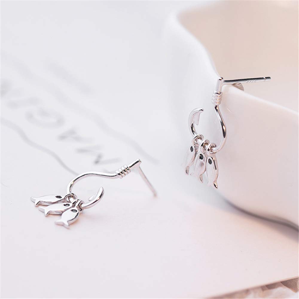 Sterling Silver Fish Hook Earrings for Women Girls 925 Dangle Stud Tiny Cute 3 Fishes Fishing Tassel Drop Hypoallergenic Micro Black CZ Eye Dainty Funny Jewelry Gifts