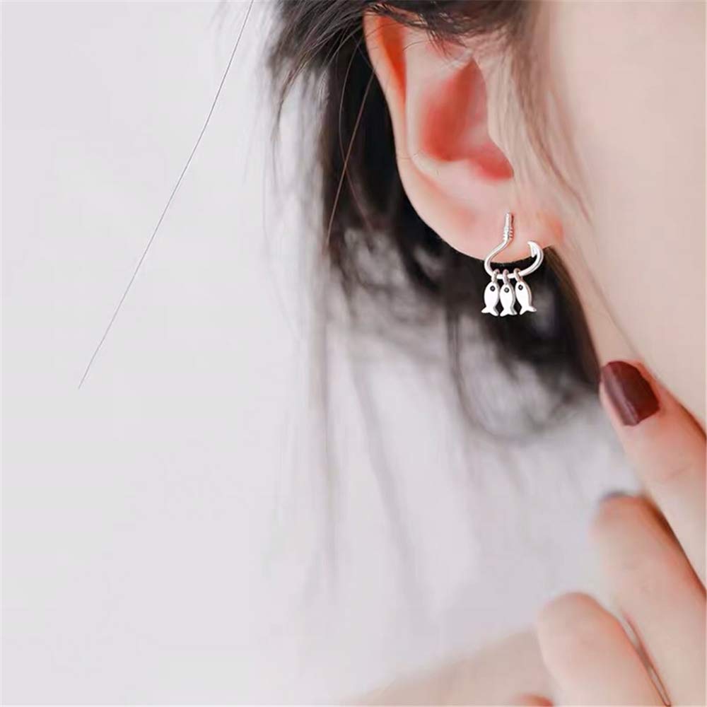 Sterling Silver Fish Hook Earrings for Women Girls 925 Dangle Stud Tiny Cute 3 Fishes Fishing Tassel Drop Hypoallergenic Micro Black CZ Eye Dainty Funny Jewelry Gifts