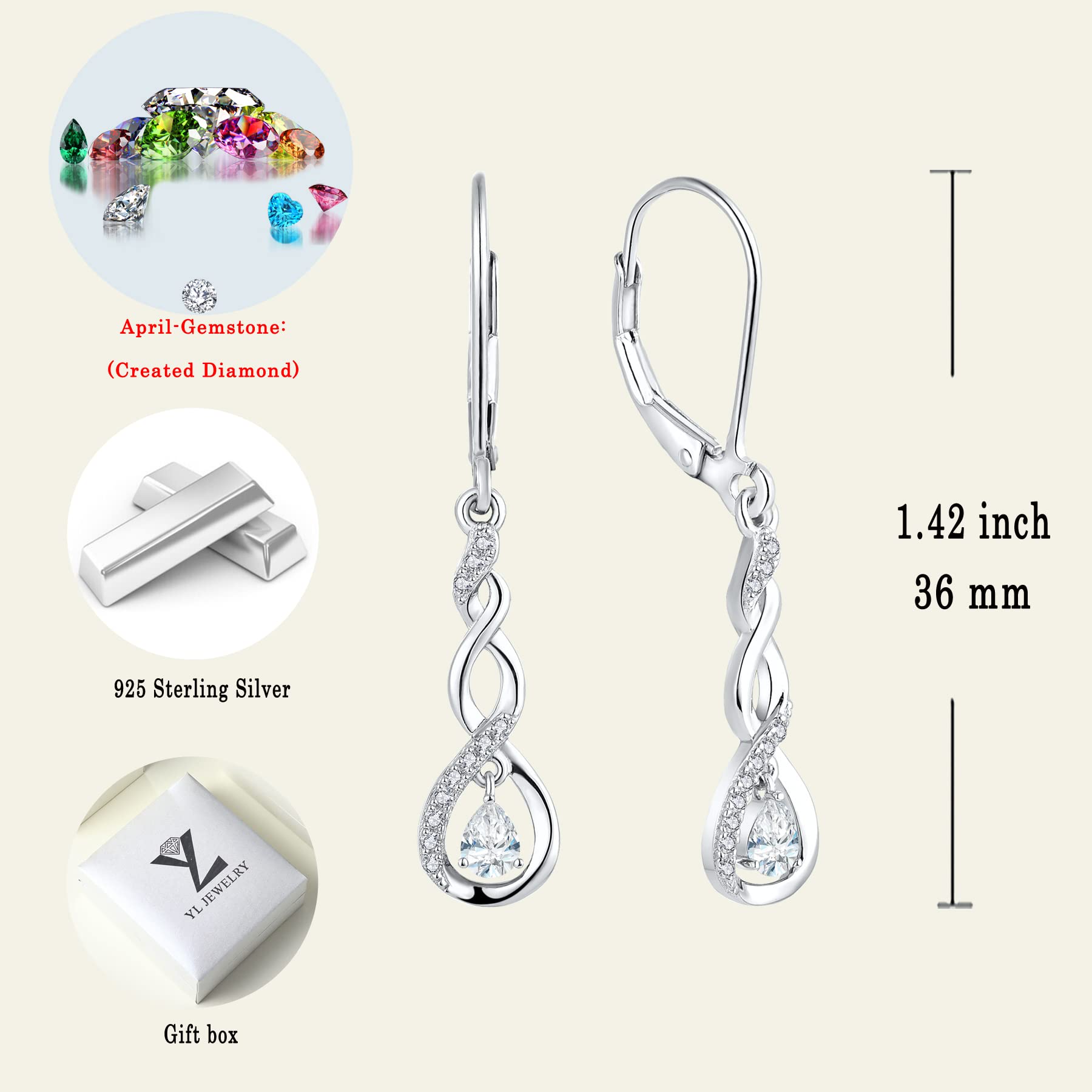 YL Dangle Drop Earrings Sterling Silver Infinity Leverback Earrings Cubic Zirconia Twisted Jewelry