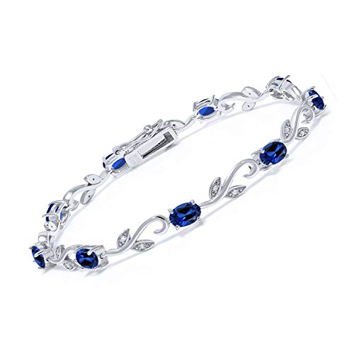 Gem Stone King 925 Sterling Silver Created Sapphire and Diamond Greek Vine Tennis Bracelet For Women (9.13 Cttw, Oval 6X4MM, 7 Inch)