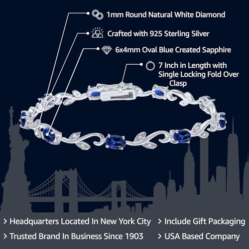 Gem Stone King 925 Sterling Silver Created Sapphire and Diamond Greek Vine Tennis Bracelet For Women (9.13 Cttw, Oval 6X4MM, 7 Inch)