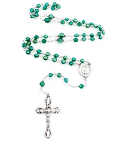 religuious italian silver rosary with 6mm emerald green austrian crystal beads and miraculous medal dangle