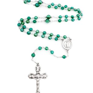 Religuious Italian Silver Rosary with 6mm Emerald Green Austrian Crystal beads and miraculous medal dangle