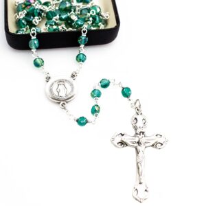 Religuious Italian Silver Rosary with 6mm Emerald Green Austrian Crystal beads and miraculous medal dangle